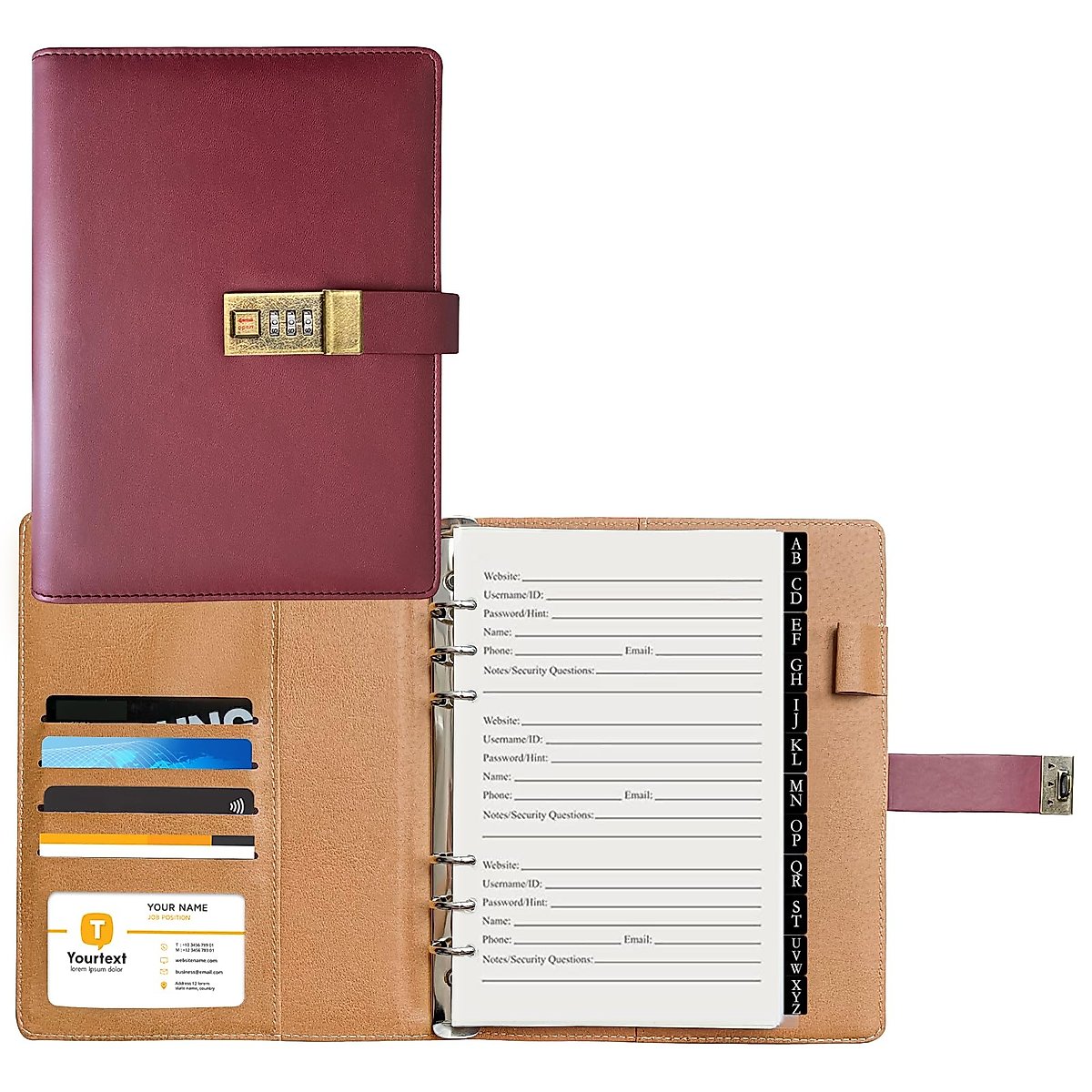 A5 Password Book with Combination Lock & Alphabetical Tabs, 302 Pages Leatherette Hardcover Internet Address & Password Organizer Logbook, Large Print, Refillable, 576 Entries, for Seniors