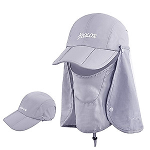 icolor Sun Cap Fishing Hats,Outdoor UPF 50+ Folding Sun Protection Removable Neck and Face Flap Cover for Man Women LightGray