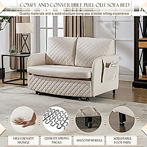 KINFFICT Pull Out Futon Sofa Bed, Convertible Small Loveseat Sleeper with Storage Drawer, 3 in 1 Futon Couch with Removable Pocket and 2 Pillows, Modern Love Seat for Living Room, Guest Room, Beige