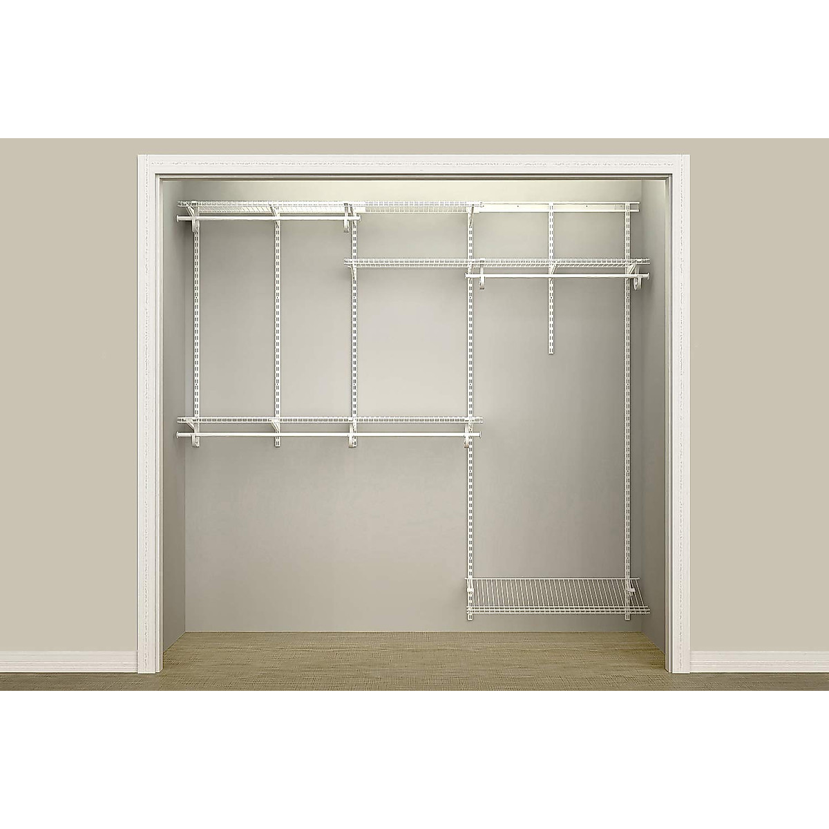 ClosetMaid ShelfTrack Wire Closet Organizer System, Adjustable from 5 to 8 Ft., With Shelves, Clothes Rods, Shoe Shelf, Hardware, Durable Steel, White