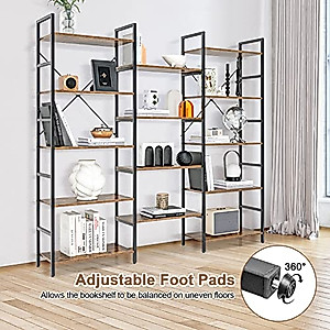 Giantex Triple 5-Tier Industrial Bookshelf- Freestanding Metal Frame Ladder Bookcase with 14 Open Shelves, Wooden Large Display Open Shelving for Living Room Home Office Study, Rustic Brown