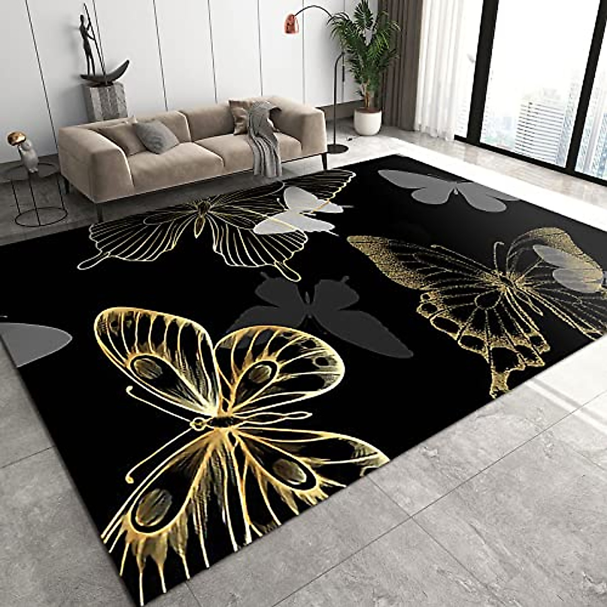 Light Luxury Black Gold Butterfly Area Rug, Simple Floral Decorative Rug, Fluffy Soft Machine Washable Breathable and Durable Suitable for Living Room Bedroom Dining Room Boy Girl Room 2 x 6ft