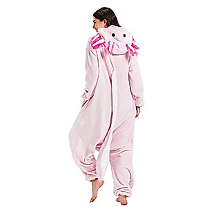 DELEY Unisex Adult Axolotl Onesie Pajamas, Flannel Animal One Piece Costume Sleepwear Halloween Cosplay Homewear