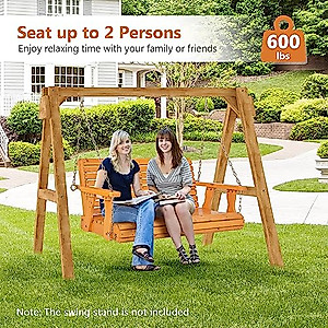 Tangkula 2 Person Hanging Porch Swing, Outdoor Bench Swing with Adjustable Chains, High Back, Cozy Armrests, Wooden Tree Swing Chair for Patio Backyard Deck Garden (Natural)