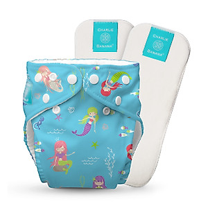 Charlie Banana Baby Washable and Reusable Cloth Diapers, 1 Soft Pocket Diapers and 2 Absorbent Inserts, One-Size, Mermaid Tiffany
