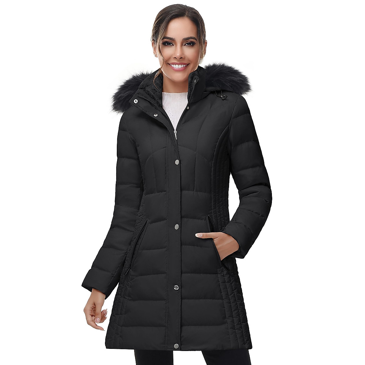 SLOW DOWN Women Winter Down Puffer Coat Warm Hooded Mid-Length Down Jacket for Women with Faux Fur Trim Hood and Pile Collar (Black, XL)