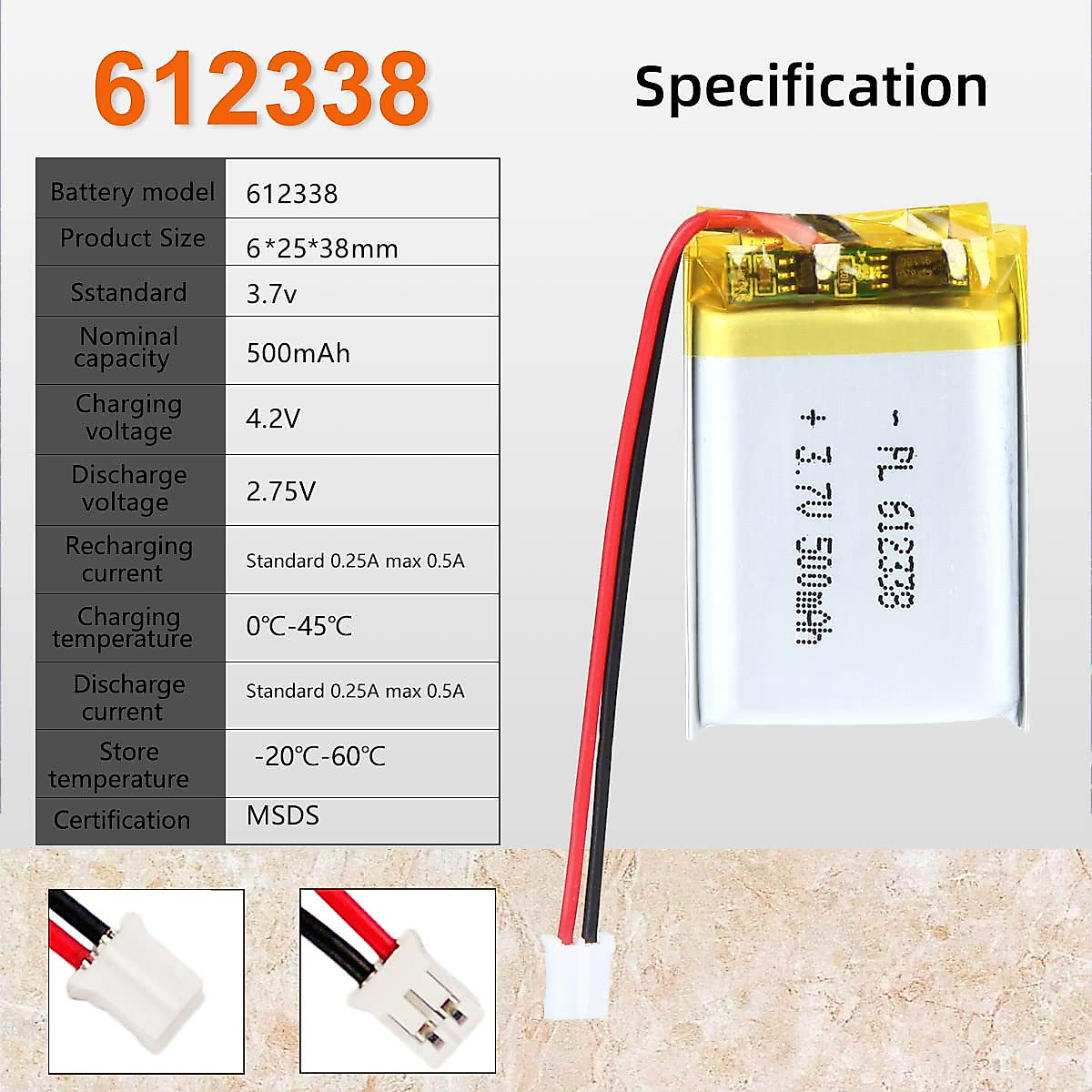YDL 3.7V 500mAh 612338 Lipo battery Rechargeable Lithium Polymer ion Battery Pack with PH2.0mm JST Connector