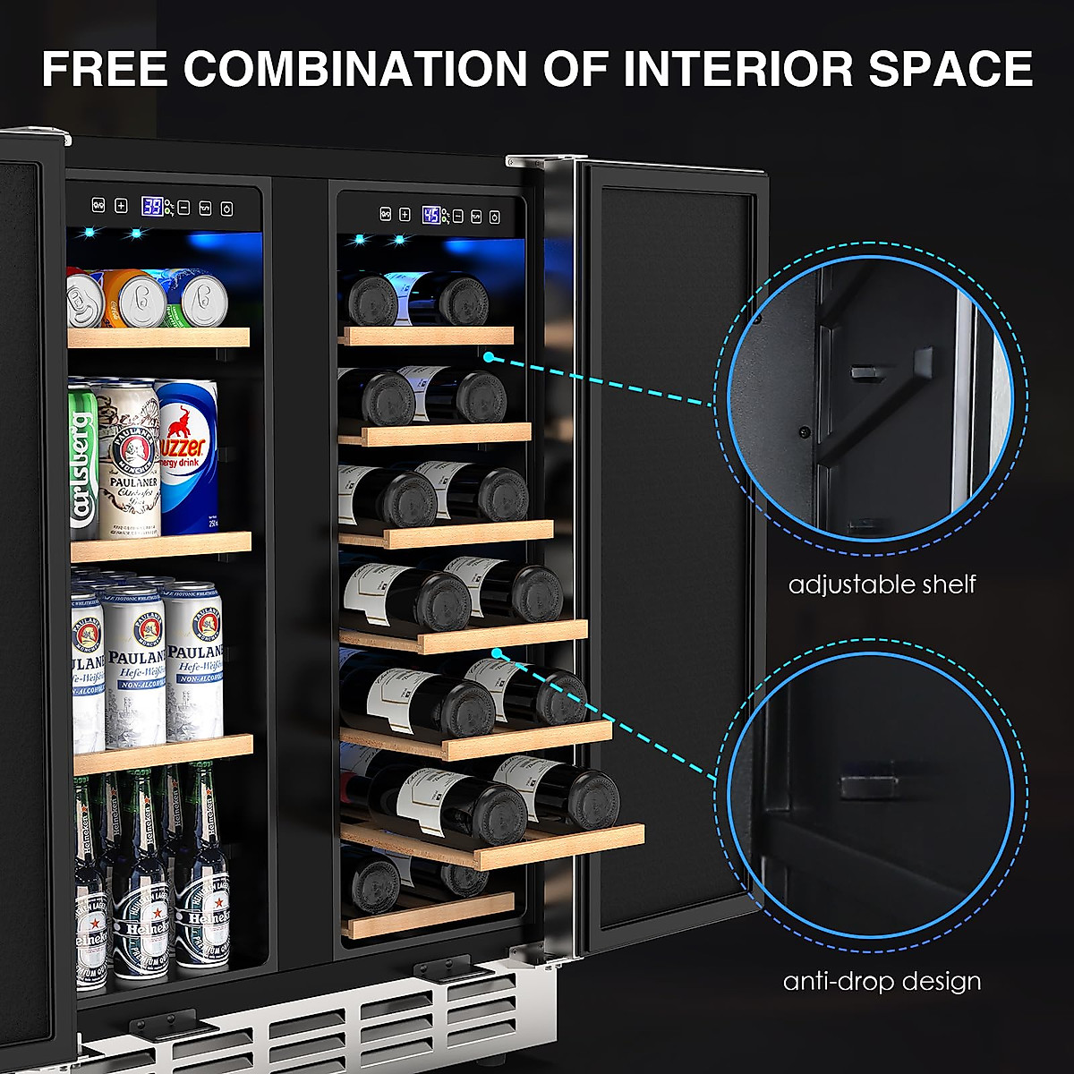 Mojgar 24 Inch Outdoor Wine and Beverage Refrigerator, Weather Proof Dual Zone Wine Fridge, Under Counter Wine Cooler Beer Fridge Built-In or Freestanding, Holds 20 Bottles and 57 Cans