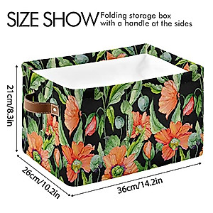 Large Foldable Storage Basket Red Poppy Flowers Black Storage Bin Canvas Toys Box Fabric Decorative Collapsible Organizer Bag with Handles for Bedroom Home