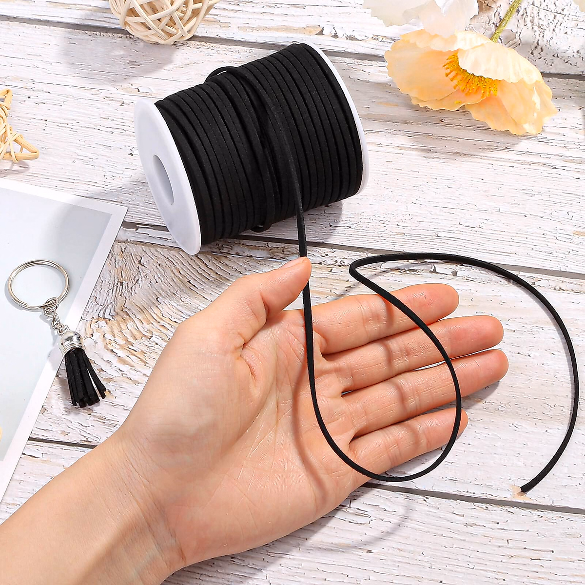 Leather String, Flat Suede Cord Faux Leather Cord Thin Leather Lace for Bracelets, Necklaces, Jewelry Making and Art Crafts (2.7 MM Black)