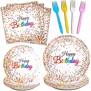 96 Pieces Happy Birthday Plates and Napkins Party Supplies for Confetti Sprinkles Theme Table Decorations Pastel Birthday Party Tableware Donut Paper Plates Napkins Forks Favors for 24 Guests.