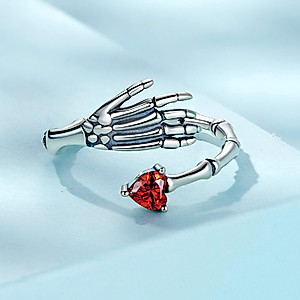 Gothic Skeleton Hand Sterling Silver 925 Open Statement Rings for Women Red Crystal CZ Heart Vintage Skull Plam Wrap Finger Band Adjustable Biker Rings Halloween Costume Jewelry Gifts