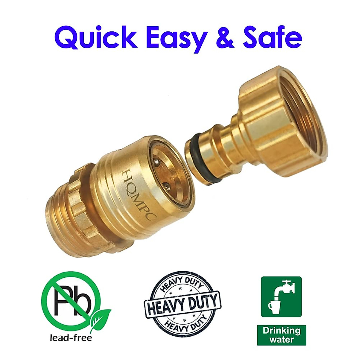 HQMPC Garden Hose Quick Connect No Pb Solid Brass Quick Connector Garden Hose Fitting Water Hose Connectors 3/4 inch GHT (4)