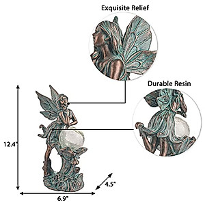 TERESA'S COLLECTIONS Solar Garden Fairy Statue, Outdoor Patina Bronze Fairy Sculptures with Crackle Glass, Garden Figurines Lawn Ornaments Garden Art for Balcony Patio Yard Decor 12.4 Inch