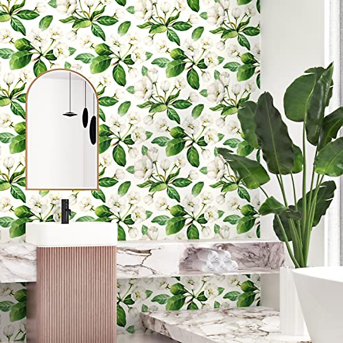 STICKEEP White Floral Peel and Stick Wallpaper Green Leaf Wallpaper 24” x 118” Removable Floral Contact Paper Peel and Stick Flower Wall Paper Vinyl Roll Wallpaper for Bedroom Walls Cabinets Shelves