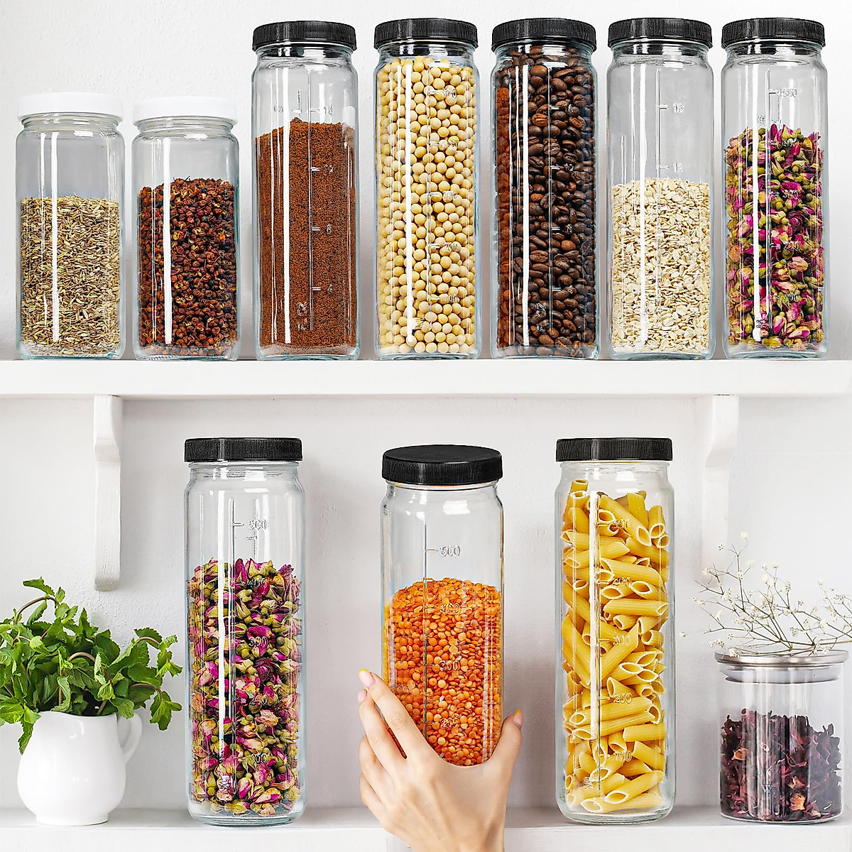 Ritayedet 8 Pack 20 Oz Glass Juicing Bottles w 8 BK SCREW Lids(100% Airtight Sturdy Lid w Silicone) & 4 WH SCREW Lids w Hole & 4 Straws - Drinking Jars, Travel Water Cups