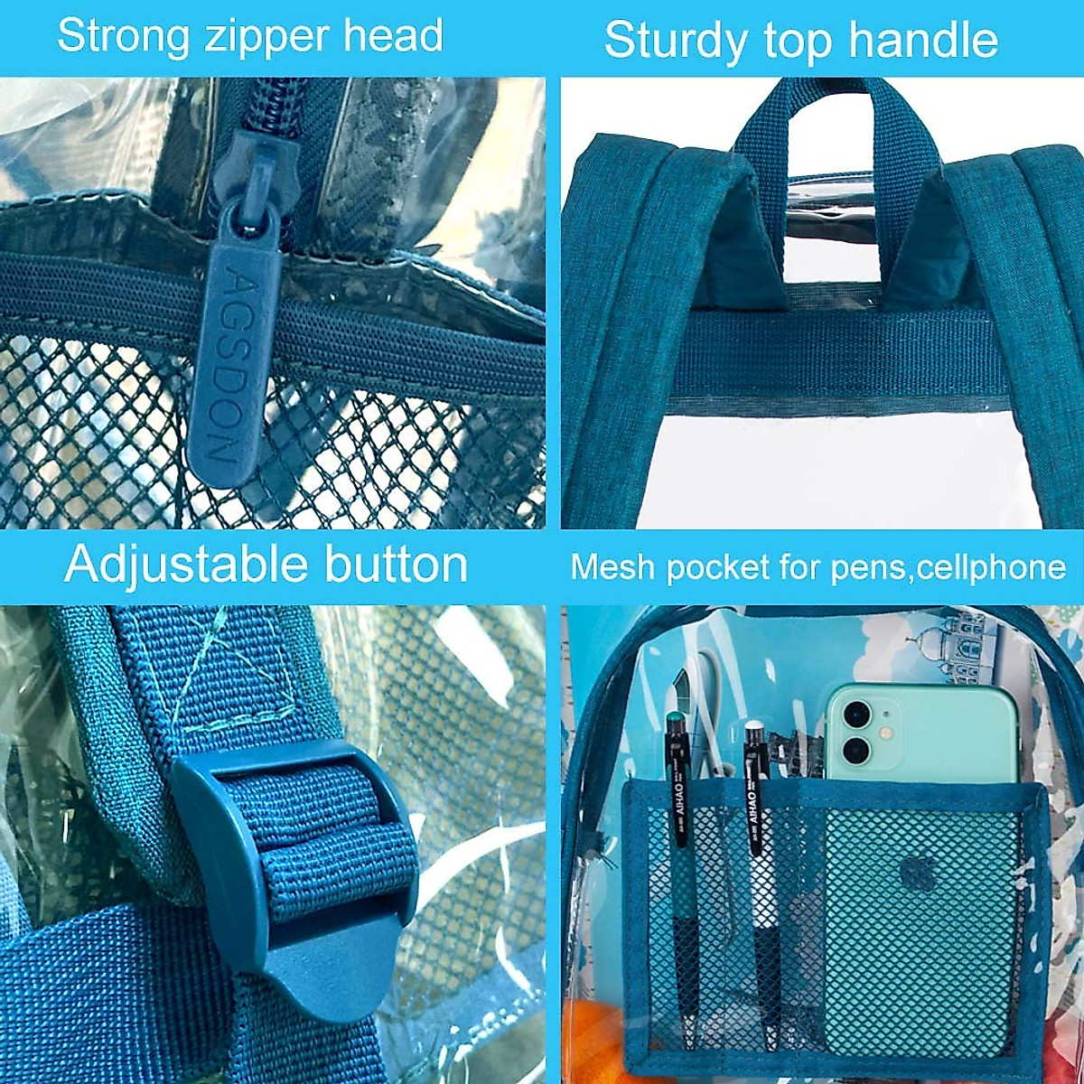 Clear Backpack 12x12x6 Stadium Approved, Transparent Mini Bookbag, Small Heavy Duty See Through Small Bag - Blue