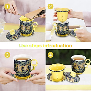 YURROAD 2 Pack - Ceramic Tea Cup with Infuser and Lid Tea Mugs Teaware with Filter and Coaster Porcelain Tea Steeping Mug - 13.5 oz / 400ml