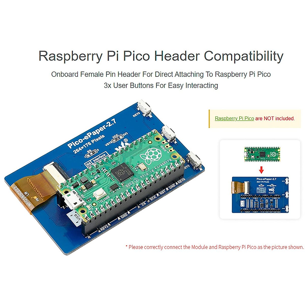 Waveshare 2.7inch E-Paper Display Module for Raspberry Pi Pico, 264×176 Resolution Black/White Two-Color E-Ink Screen, SPI Interface 4 Grayscale，with Three User Buttons for Easy Interacting