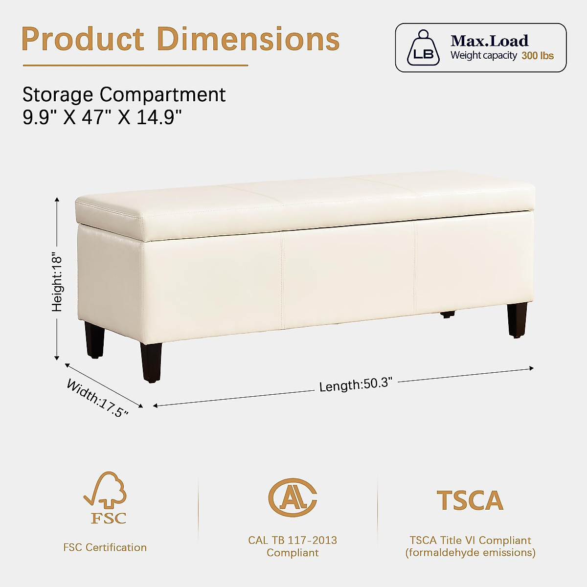 HUIMO Faux Leather Storage Ottoman Bench 50.3 inch Extra Long Upholstered Bedroom Bench with Large Storage Space for The Living Room, Entryway, Bedroom Hold Up to 300lbs (Cream)