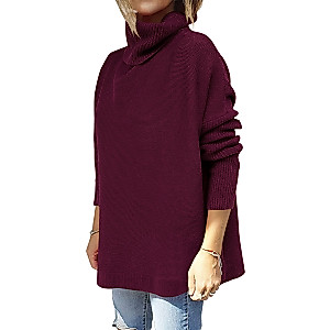 ANRABESS Women's Oversized Turtleneck Batwing Sleeve Spilt Casual Loose Knit Tunic Pullover Sweater Tops 2025 Fall Outfits Wine Red Small