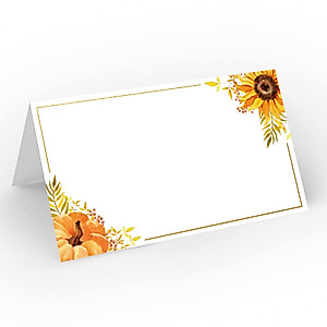 Whaline Thanksgiving Place Cards 50Pcs Autumn Fall Table Tent Place Cards Foil Gold Sunflower Pumpkin Seating Name Escort Card Folded Seat Assignment Setting Label for Wedding Baby Shower Party