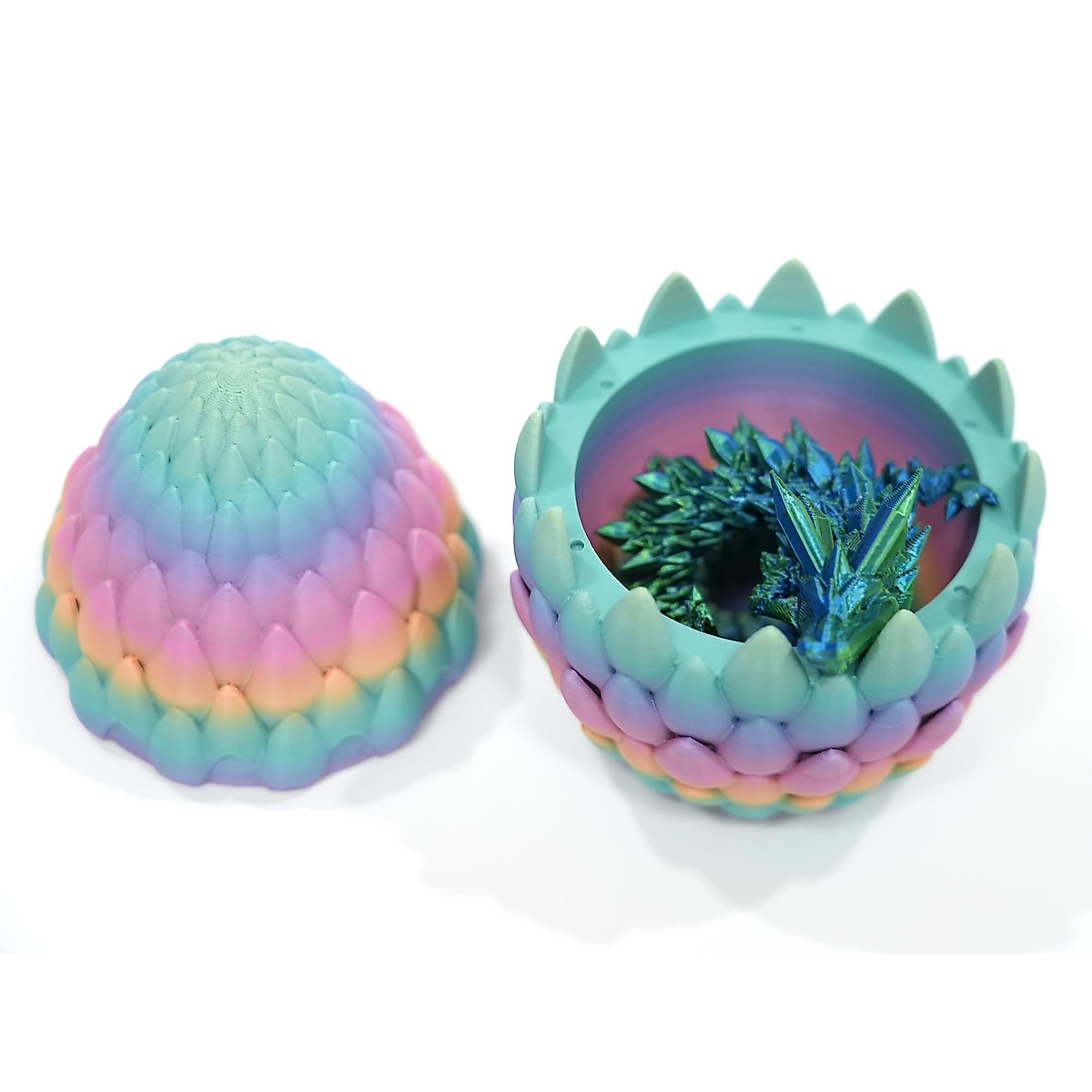 Flavery 3D Printed Dragon Egg- Candy Rainbow Green - Surprise Easter Egg with Flexible Crystal Dragon Inside, 3D Printed Gift Toy, Desk Executive Pet, Figurine Decor (12” Dragon)
