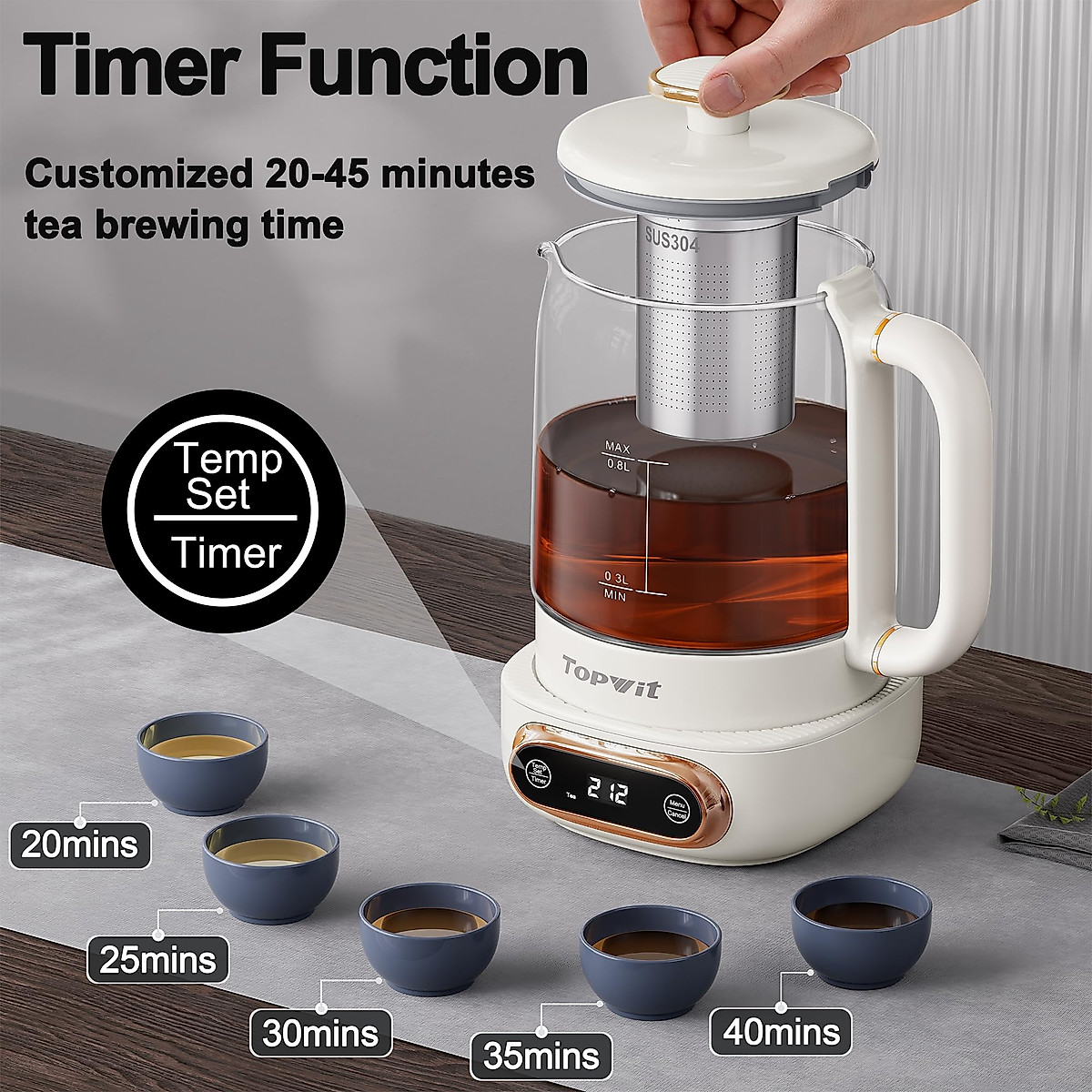 Topwit Electric Tea Kettle, 11 Temperature Control & 4 Presets Glass Kettle with Removable Infuser, 0.8L Electric Kettle for Coffee, Formula, Tea Maker with 8H Keep Warm, Boil-dry Protect, Beige