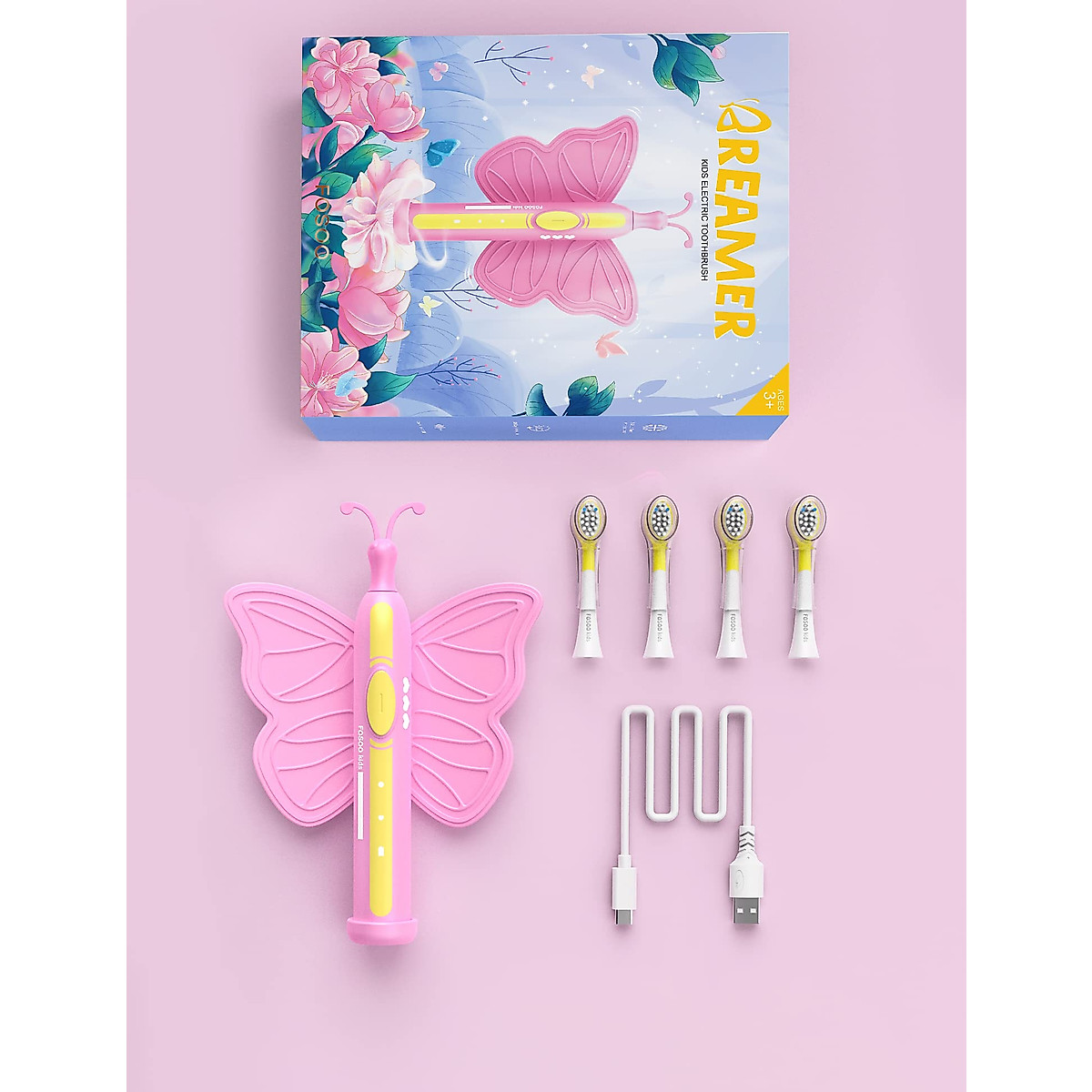 FOSOO Kids Electric Toothbrushes, Electric Toothbrush Kids Sonic Rechargeable 180 Days Battery Life,2 Modes with Memory,IPX7 Waterproof,2 Minutes Built-in Smart Timer for Ages 3+,4 Brush Heads (Pink)