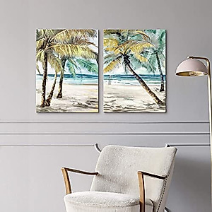 Beach Palm Trees Wall Art: Abstract Coastal Picture Tropical Ocean Scene Artwork Seascape Painting Print on Canvas for Modern Living Room Bathroom Office
