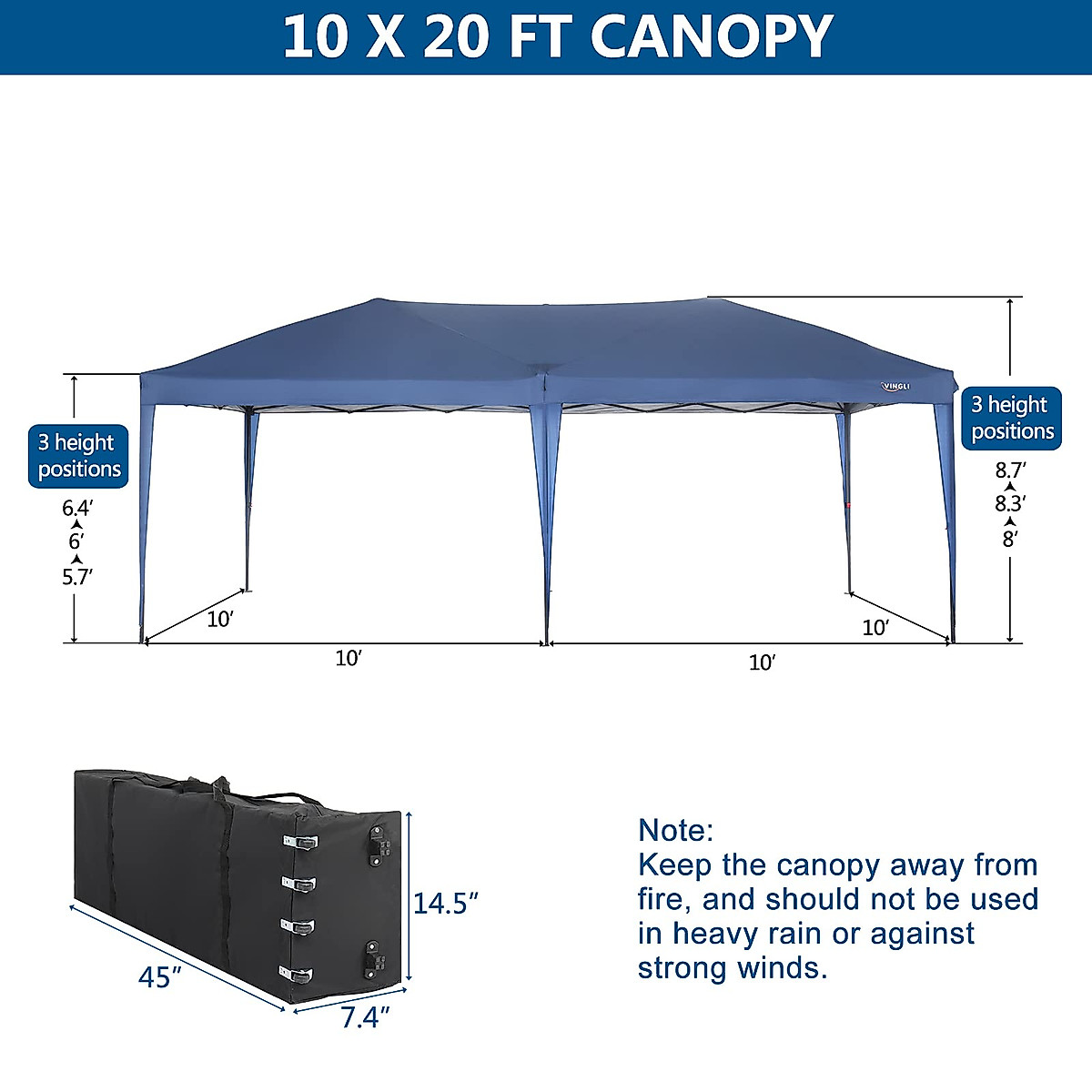 VINGLI 10X20 Feet Pop Up Canopy 6 Removable Sidewalls, One Push Instant Tent with Carry Bag, Outdoor Folding Canopy Tent, Patio Event Gazebo Beach Tent (Blue)