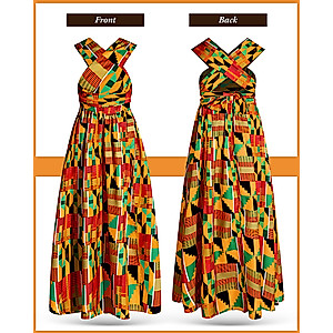 Haysandy 3 Pcs Women African Ankara Print Traditional Costume Set Long Maxi Dress Headwraps Scarf Drop Dangle Earrings(X-Large)