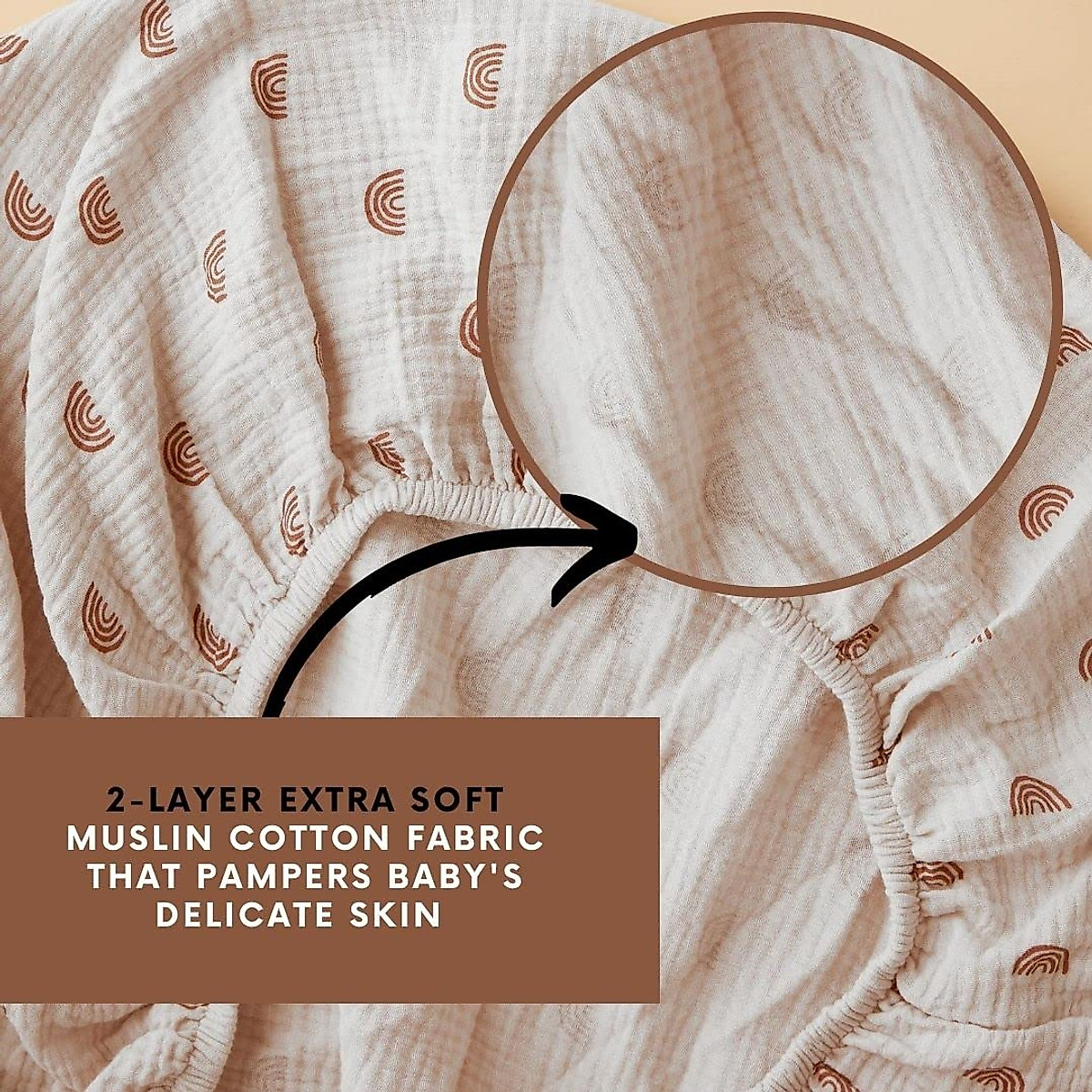 Chippi & Co Little Rainbow Tan Boho Muslin Cotton Fitted Crib Sheet for Baby Standard Size Mattress, boy and Girl Unisex Nursery Bedding 52x28x9''