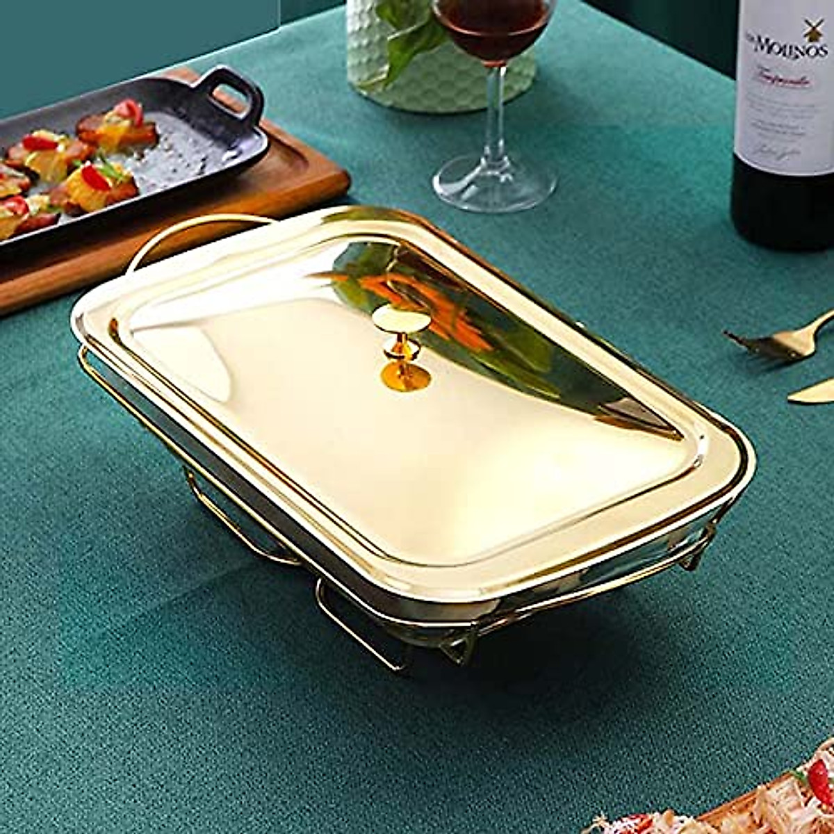 Chafing Dish Food Warmer Stainless Rectangular Buffet Server with 1 Tempered Glass Bakeware for Buffet Catering Kitchen Party (Silver)