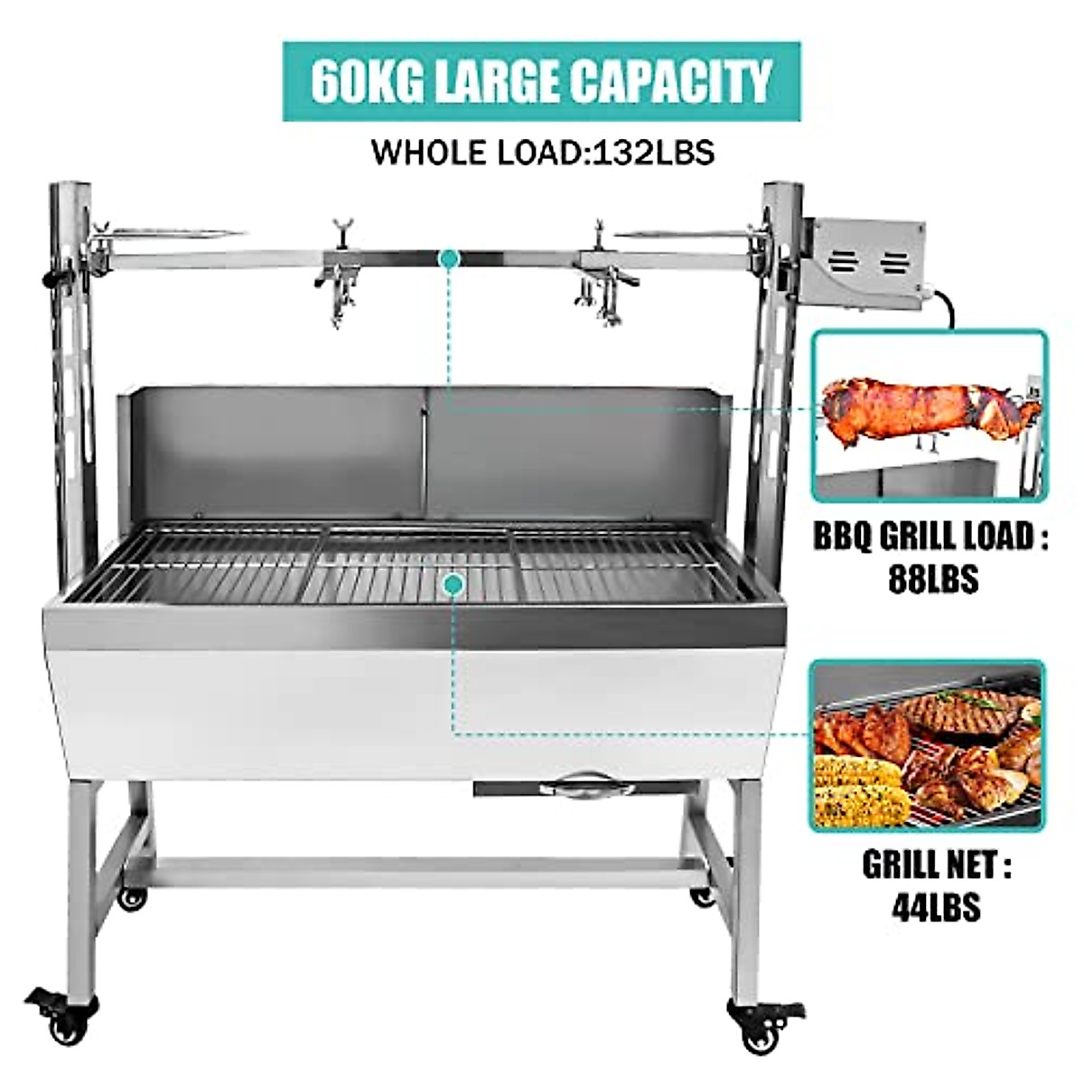 Migoda Stainless Steel Rotisserie Grill with Back Cover Guard, 25W Motor Small Pig Lamb Rotisserie Roaster, 37'' 2 in 1 BBQ Charcoal Rotisserie Grill for Camping Outdoor Kitchen