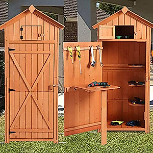 B BAIJIAWEI Outdoor Storage Shed - Waterproof Garden Storage Cabinet with Lockable Doors - Utility Tool Storage Organizer for Backyard, Patio, Garden Deck (Wood)
