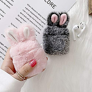 Guppy Compatible with AirPods Furry Bunny Case Girls 3D Cartoon Cute Rabbit Ears Plush Fluffy Warm Carrying Case Soft Protective Case Cover Accessories for AirPods 1 & 2 Gray