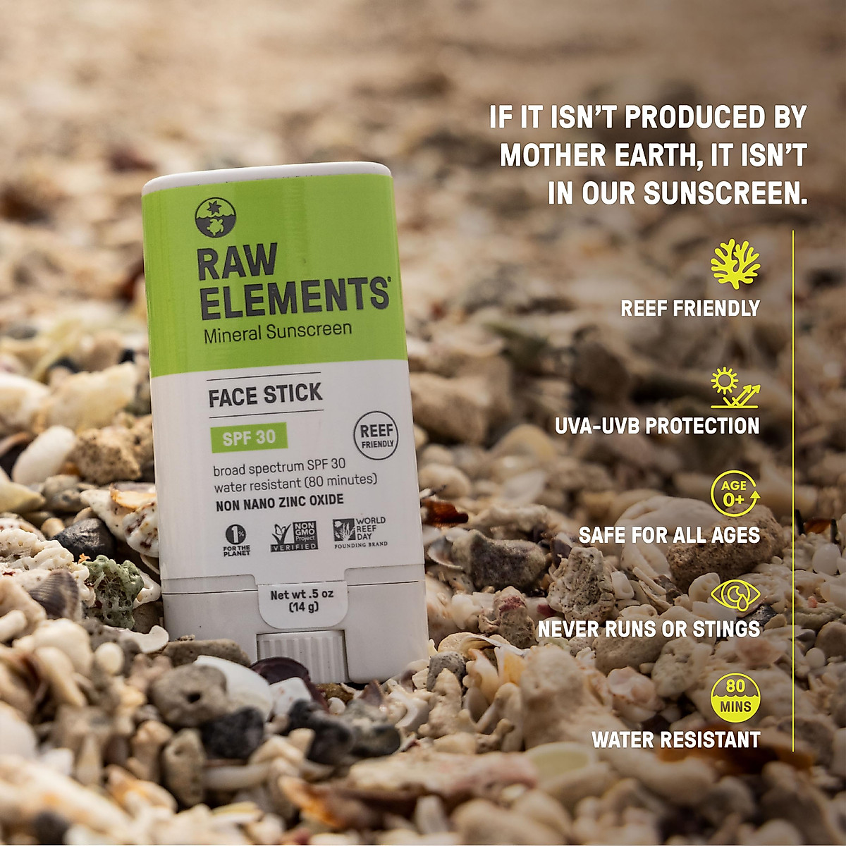 Raw Elements Face All-Natural Mineral Sunscreen Stick, Non-Nano Zinc Oxide, 95% Organic, Water-Resistant 80 Min, Reef Safe, All Ages Safe, SPF 30+, Travel Sunblock 0.5 oz