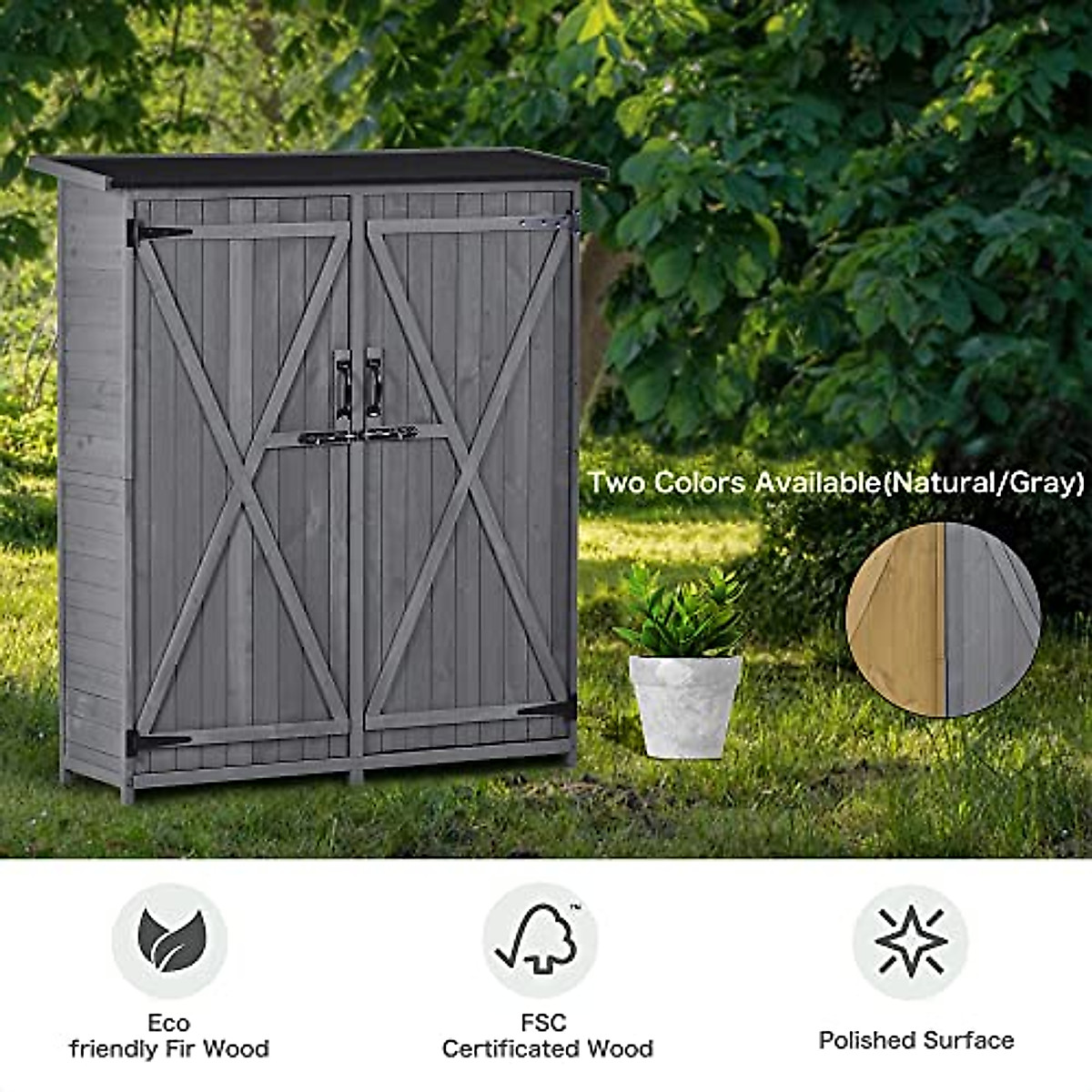5.3 x 4.6 FT Outdoor Storage Shed, Wood Garden Shed with Lockable Doors, Tool Cabinet with Waterproof Asphalt Roof for Patio Lawn Backyard Garden, Gray