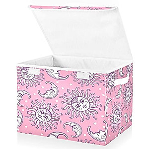 Kigai Storage Basket Pink Sun Moon Storage Boxes with Lids and Handle, Large Storage Cube Bin Collapsible for Shelves Closet Bedroom Living Room, 16.5x12.6x11.8 In