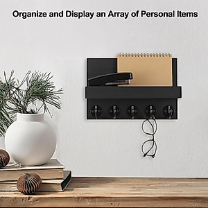 Lwenki Key Holder Wall Mount - 9.8" x 6.7" x 4.2" Entryway Organizer with 5 Metal Hooks Holds Wallet, Sunglasses, Bags, Dog Leash - Real Paulownia Wood Decorative Key Hanger with Shelf (Black)