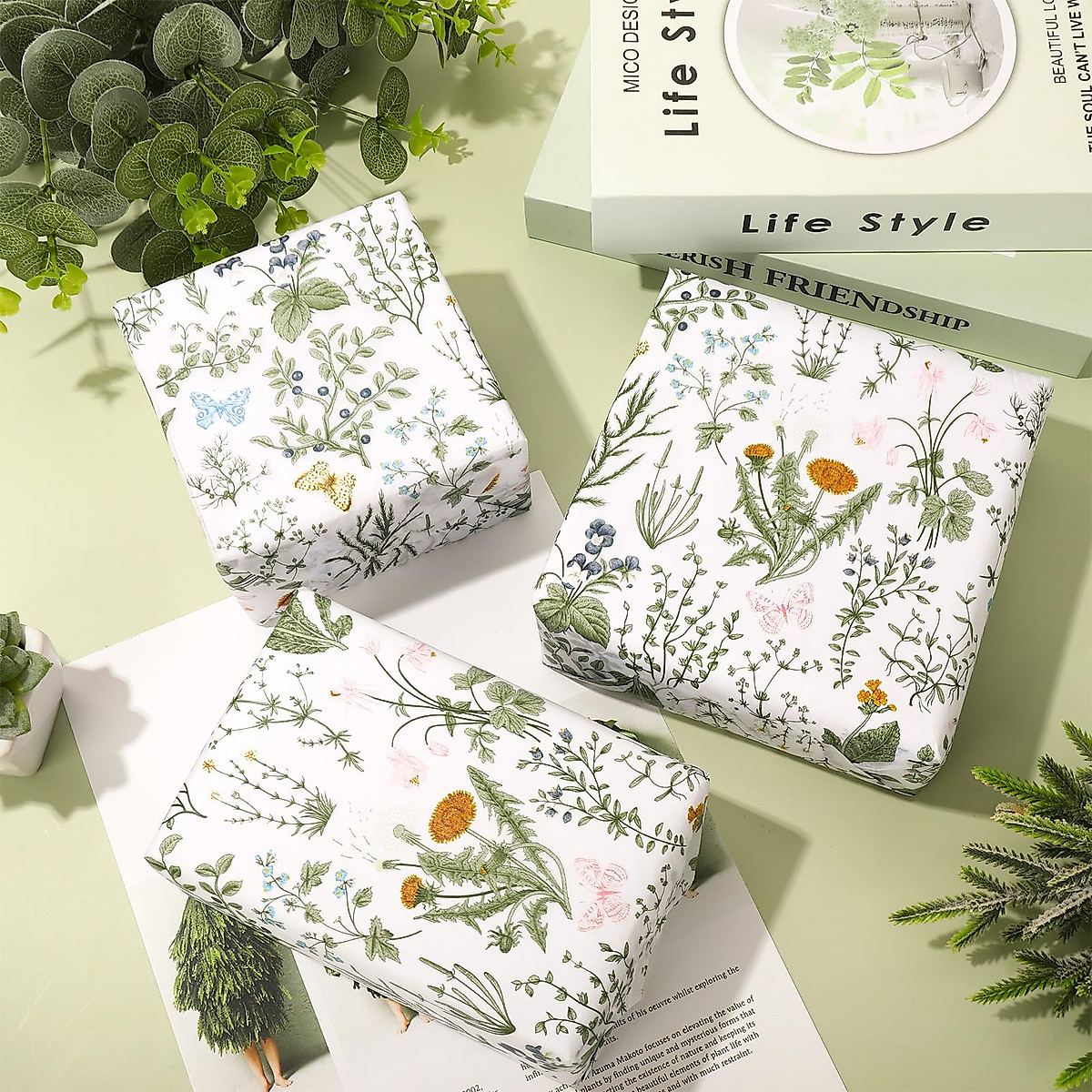 JarThenaAMCS 100 Sheets Vintage Wildflower Tissue Paper Wild Floral Art Tissue Spring Wrapping Paper for Birthday Wedding DIY Crafts Gift Packing, 20 x 14 Inch