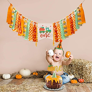 Vansolinne Little Pumpkin First Birthday Highchair Banner Decorations, Fall Harvest Birthday Highchair Banner Cake Smash Cone Hat Decorations Set for Baby Boy Girl 1st Birthday Party Supplies, 3 in 1