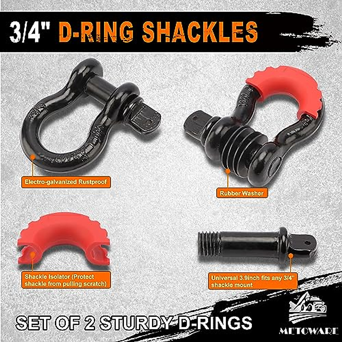 METOWARE Heavy Duty Tow Strap Recovery Kit - 3" x 20ft(35,000lbs) Tree Saver Winch Strap + 3/4" D Ring Shackles(2pcs) + Storage Bag - Truck, SUV, ATV Off Road Towing Strap Kit