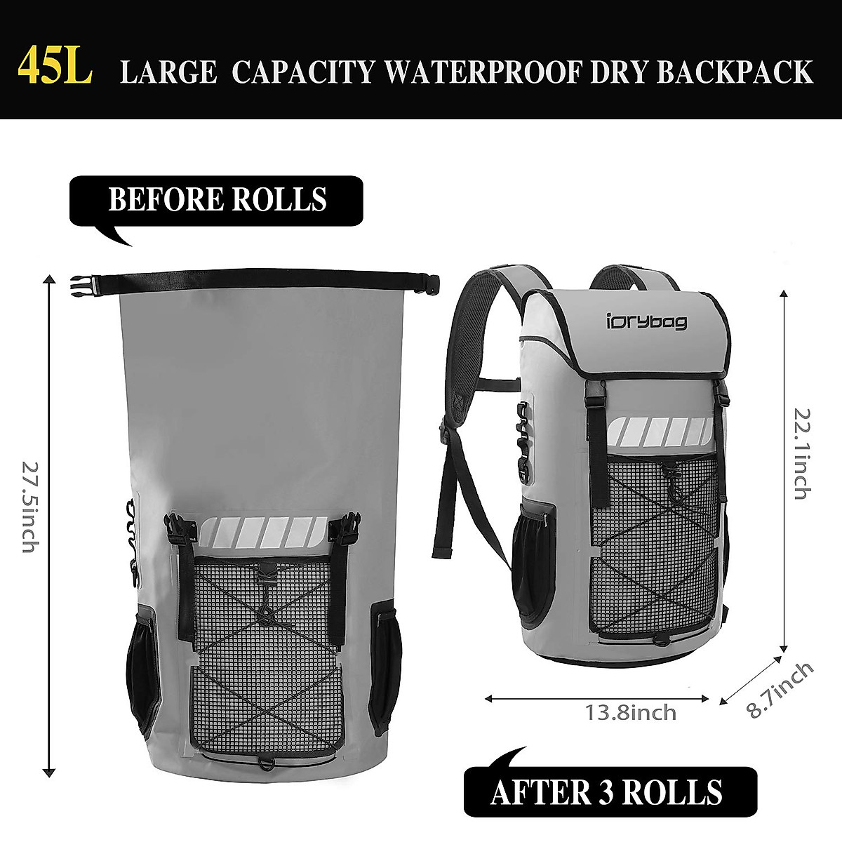 IDRYBAG Roll Top Waterproof Backpack for Men, Floating Dry Backpack Waterproof 25L/45L, Dry Bag Backpack for Outdoor Activities Kayaking, Canoeing, Boating, Hiking, Camping