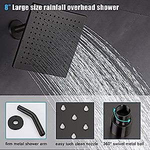 SUNZOE Shower Faucet Set with Tub Spout Matte Black Anti-Scald Pressure Balanced Bathtub Shower Faucet Set 8 Inch Shower Head Wall Mounted Rainfall Shower System Rough-in Valve Body Included