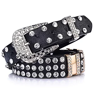 Women's Western Cowgirl Rhinestone Studded Bling Belt, Luxury Designer Jeans Women Belt Length 41 inch Black