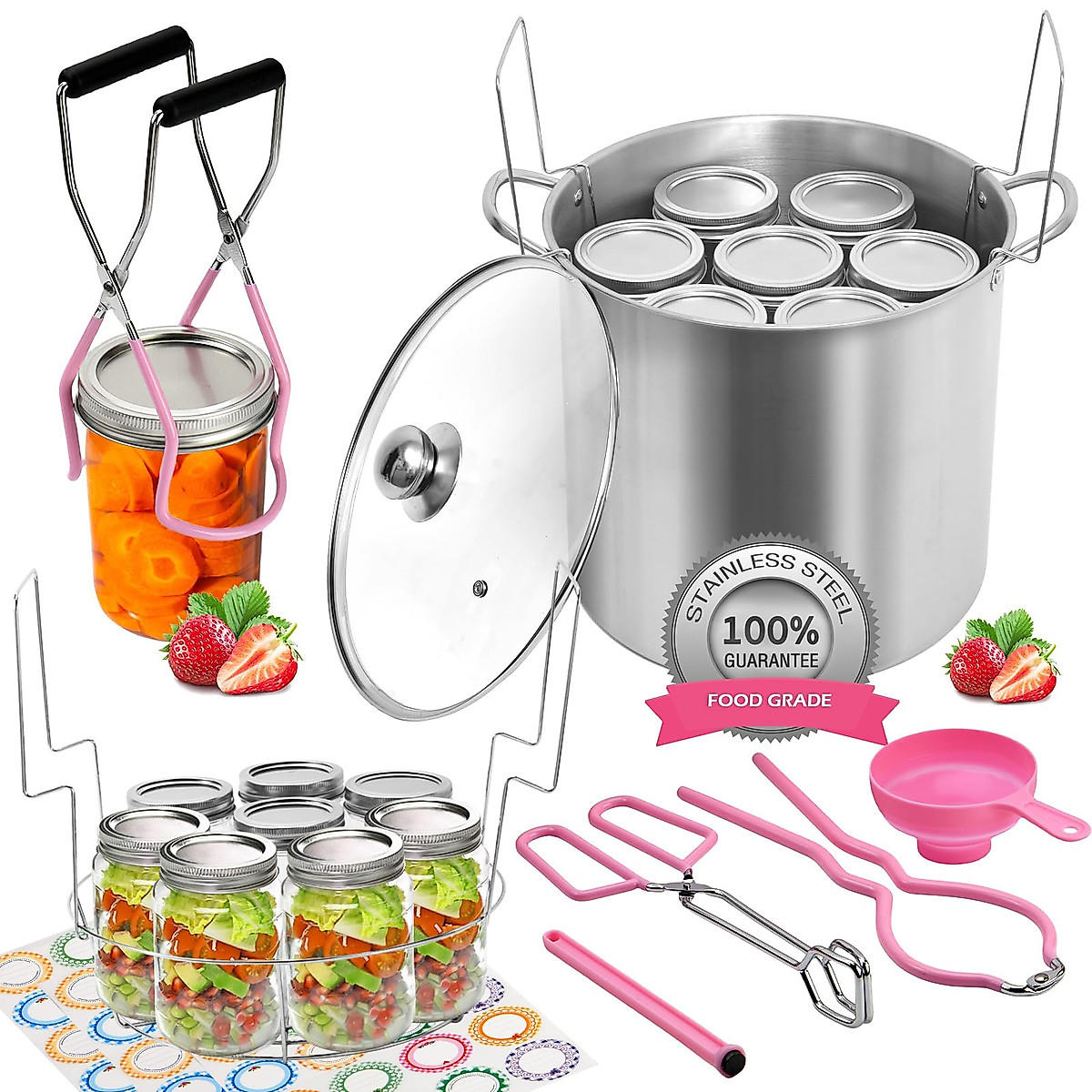 Canning Pot Water Bath Canner with Rack and Lid, 21.5 Quart Stainless Steel Stock Pots, Canning Supplies Starter Kit, Jar Lifter Tongs, Funnels and Full Canning Accessories Tools Set, Pink