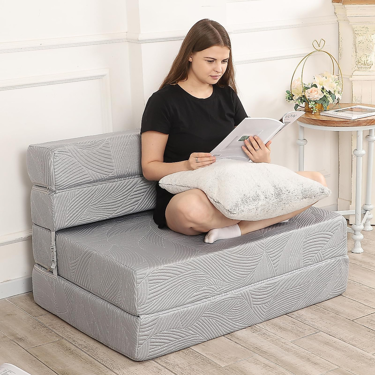 LOVMOC Tri Folding Sofa Mattress, High-Density Memory Foam Sofa Bed with a Fluffy Pillow, Futon Floor Couch Guest Bed, Twin Size, Grey