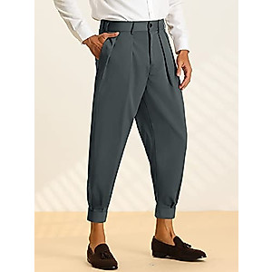 Lars Amadeus Gray Cropped Pants for Men's Solid Color Double Pleated Tapered Dress Pants 36 Dark Gray